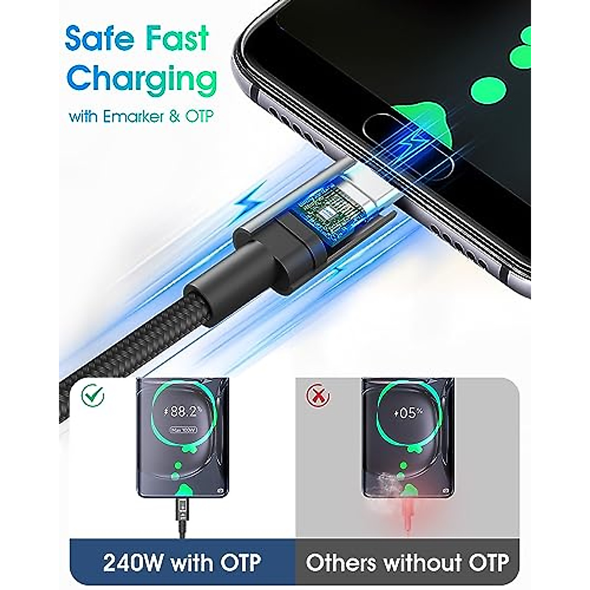 240W Type C to Type C Fast Charging Cable - USB C Cable for iPhone 15, MacBook Pro, iPad Pro, Samsung - C to C Cable for Quick Charge (1pack-3.3ft Black(OTP))