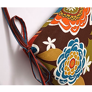 Pillow Perfect Reversible Floral Stripe Indoor/Outdoor Solid Back 1 Piece Square Corner Chair Cushion with Ties, Deep Seat, Weather, and Fade Resistant, 36.5" x 18", Brown/Orange Annie, 1 Count