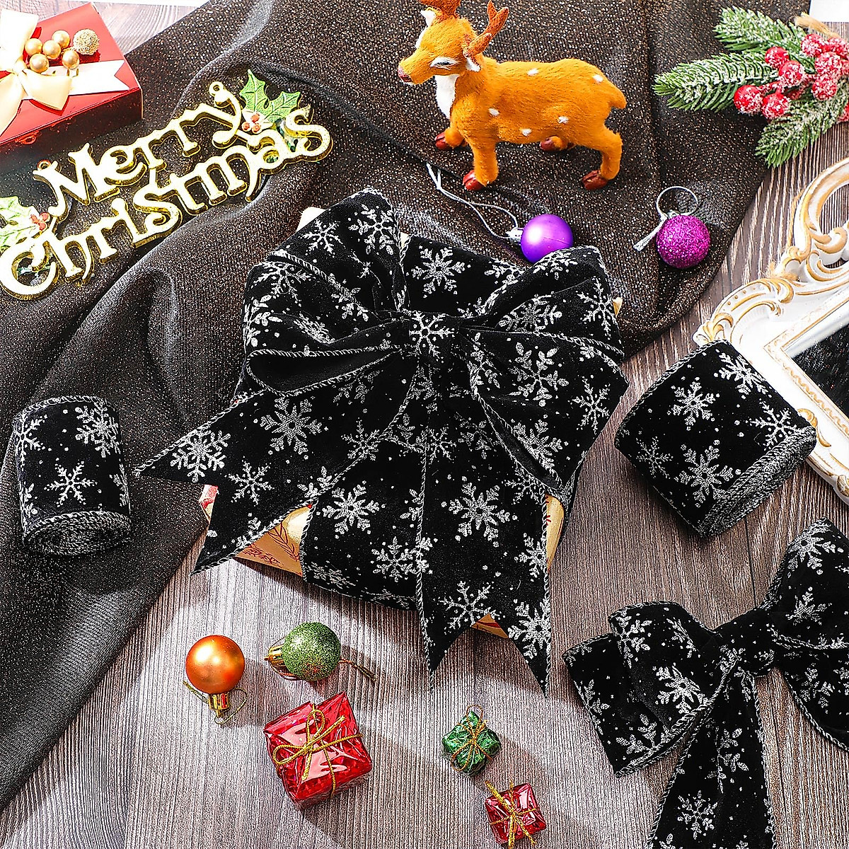 2 Rolls/ 20 Yards Christmas Velvet Wired Ribbons with Snowflake Pattern 2.5'' Wide Xmas Craft Ribbons Gift Wrapping Ribbon for Christmas Tree Wreath Decoration DIY Bows Supplies (Black)