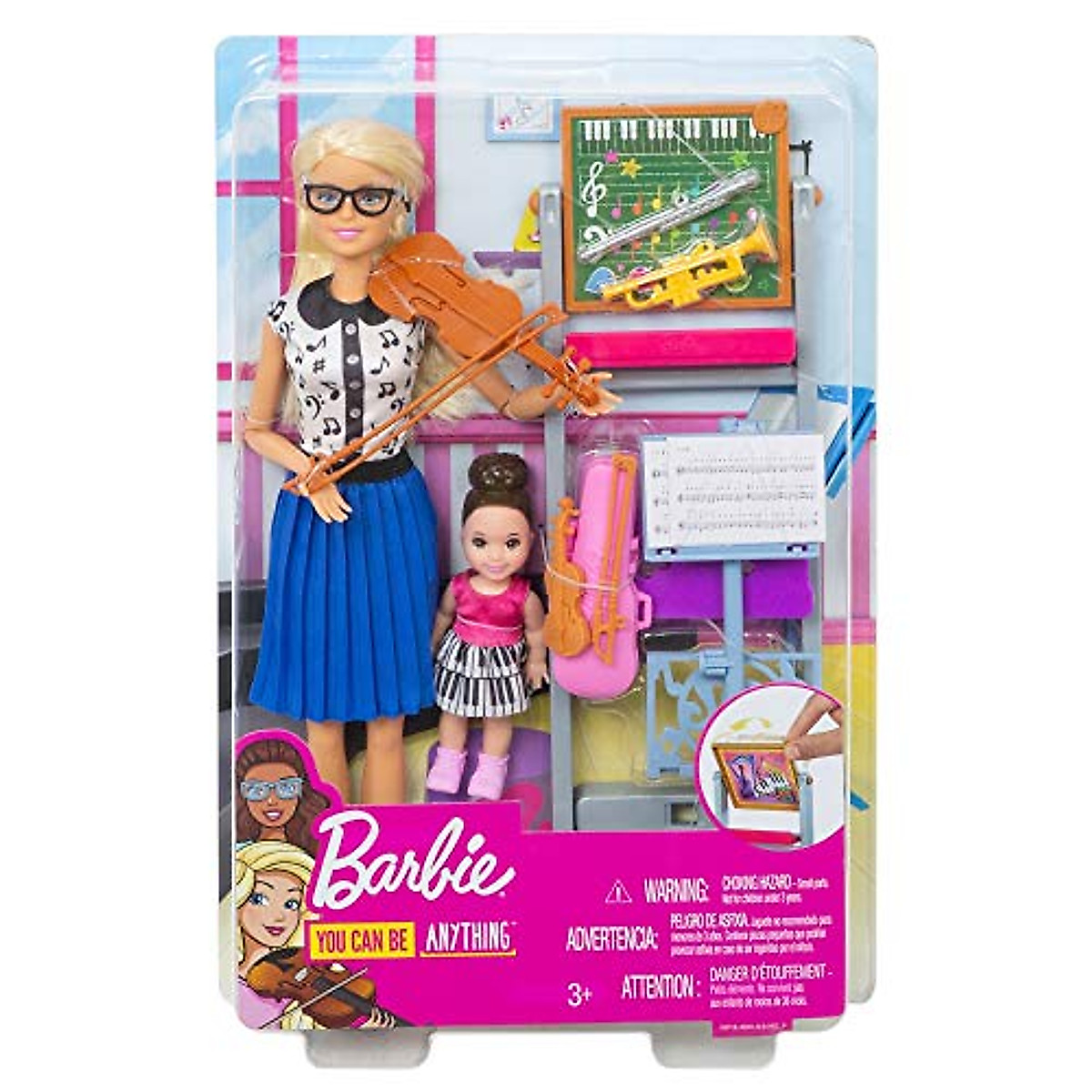 Barbie Music Teacher Doll, Blonde, and Playset with Flipping Chalkboard, Brunette Student Small Doll and 4 Musical Instruments, Career-Themed Toy for 3 to 7 Year Old Kids​​​
