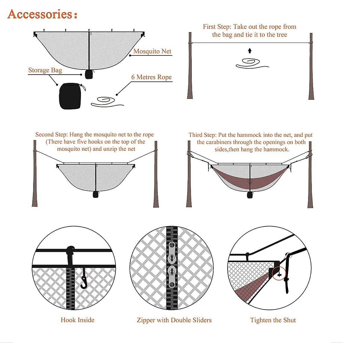 ALUCKY Hammock Net Camping Mosquito Net, No See Ums & Repels Insect, Polyester Netting for 360 Degree Protection, Double Sided Zipper for Easy Access Fits for All Camping Hammocks(Black)