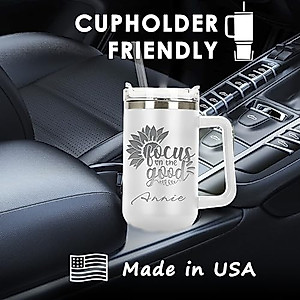 LifGif Sunflower Personalized Tumbler 40 oz Laser Engraved, Insulated Cup with Handle, Lid and Straw, Focus on the Good Stainless Steel Large Vacuum Insulated, Custom Gift for Birthday, women, mom