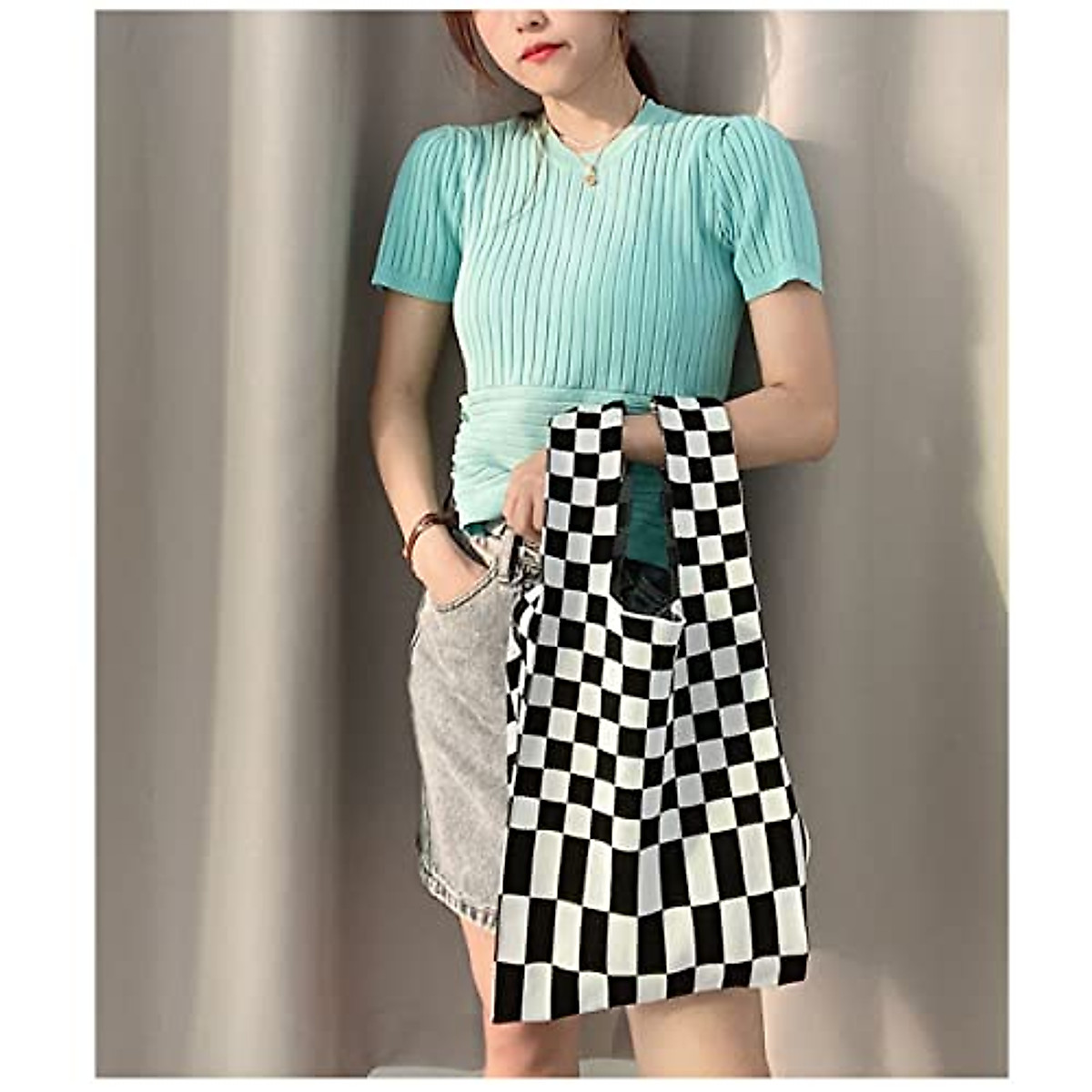 MOMEITU Women's Hobo Bag Checkerboard Knit One Shoulder Tote Bag Woven Tote Bag One Shoulder Shopping Bag Hobo Bag(Black and White Grid)