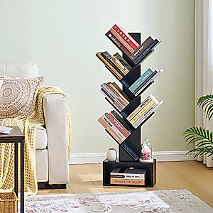 Hoctieon 6 Tier Tree Bookshelf, 6 Shelf Bookcase with Drawer, Free Standing Tree Bookcase, Display Floor Standing Shelf for Books, Book Organizer Shelves for Home Office, Black