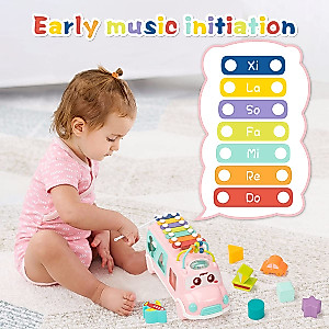 UNIH Baby Toy 12-18 Months,Bus Xylophone for Kids Toy, Baby Toys for 1 Year Old Boys and Girls with Building Blocks, Musical Toys for Toddlers 1-3, Early Educational Toys for Festival Christmas