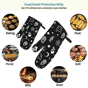 Gothic Skull Cat Moon Halloween Oven Mitts 2Pcs Heat Resistant Non Slip Kitchen Gloves for Cooking BBQ Baking Grilling