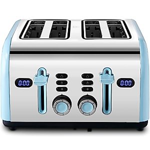 Toaster 4 Slice, REDMOND Wide Slots Retro Stainless Steel Toasters with LED Digital Countdown Timer Display, Dual Independent Control Panel, Reheat Defrost Cancel Function, High Lift Lever, Blue