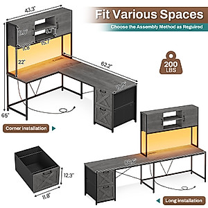 SEDETA L Shaped Gaming Desk, Reversible Computer Desk with Fabric Drawers and Power Outlet, Gaming Desk with Led Lights, Hutch and Storage Shelf for Home Office, Grey