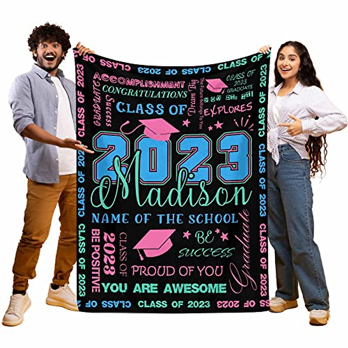 YFgohighhh Customized Throw Blanket Cozy Fleece Blue, Pink Graduate 2023 for Graduation Baby Mother Father Adult Friends Lovers Dog Pets-32"x48"