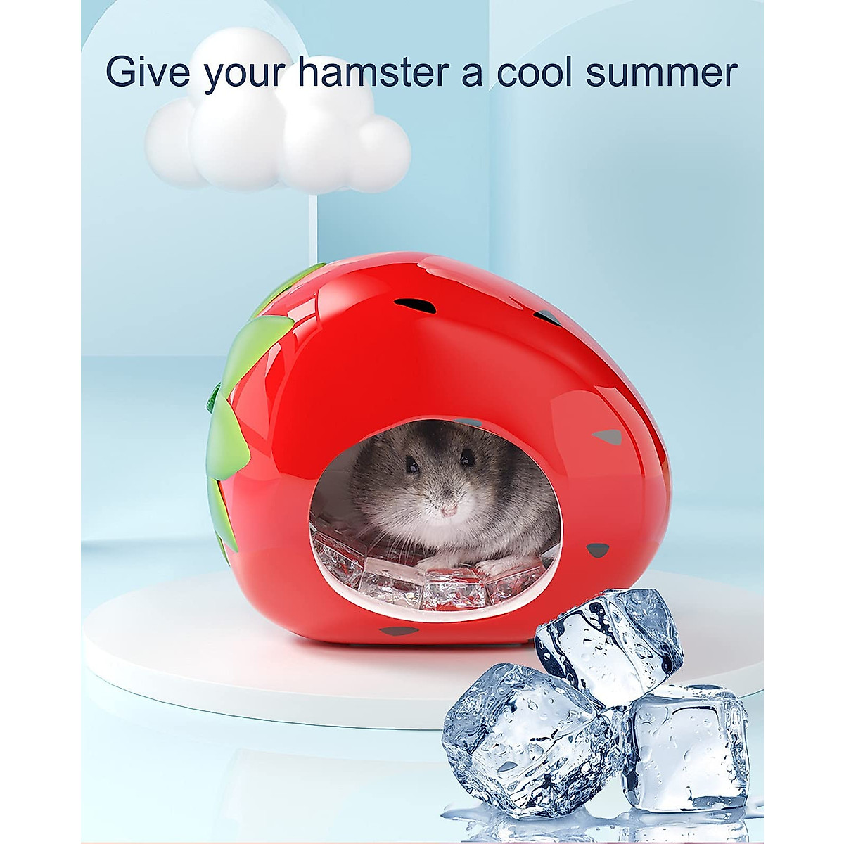 A/A Hamster Hideout Ceramic Pet House Cartoon Shape Hamster House Mini Hut Cage Critter Bath House for Chinchilla Hamster (Strawberry)