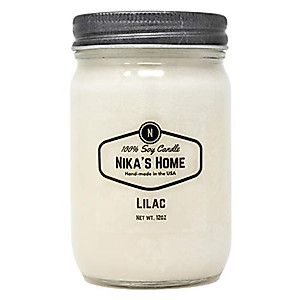 Nika's Home Lilac Soy Candle 12oz Mason Jar Non-Toxic White Soy Candle-Hand Poured Candle- Handmade, Long Burning 50-60 Hours Highly Scented All Natural, Clean Burning Large Candle Gift Décor
