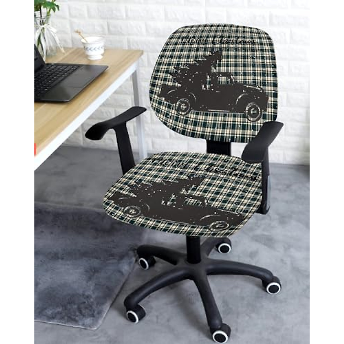 Christmas Truck Office Chair Cover Stretchable Computer Chair Seat Cover Backrest Slipcovers, Stretchable Rotating Desk Chair Seat Cushion Split Protectors Xmas Tree Snowflake Blackish Green Plaid