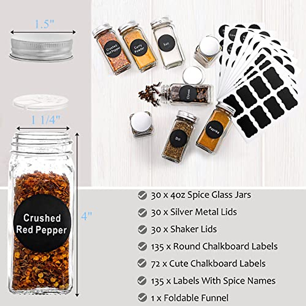 Tebery 30 Pack Glass Spice Jars Bottles 4oz Empty Square Spice Containers with Silver Metal Lids Complete Organizer Set Includes Shaker Tops, Wide Funnel and Labels