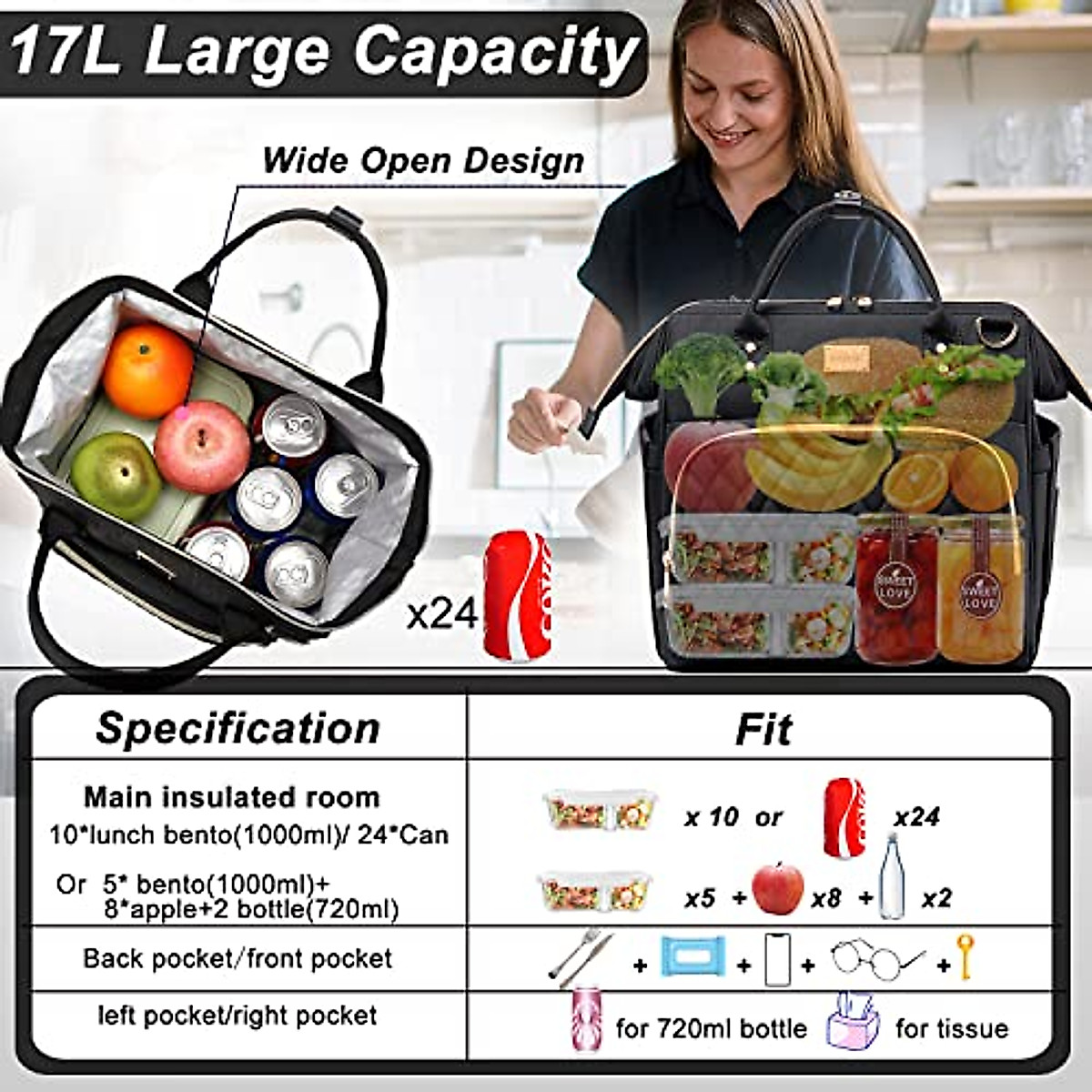 Weitars Lunch Bag for Women Cute Lunch Bag For Work,Insulated Lunch Box Lunch Purse Leakproof Wide-Open Lonchera Lunchbag Lunch Tote With Pockets And Adjustable Strap For Office School Picnic Beach