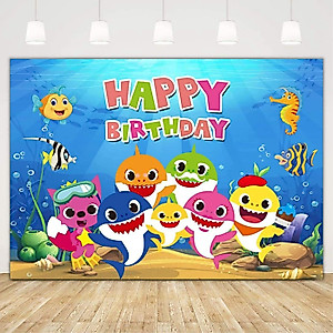 FUNTON Baby Shark Backdrop, Baby Shark Party Supplies, Baby Shark Birthday Decorations (5x3 FT)…