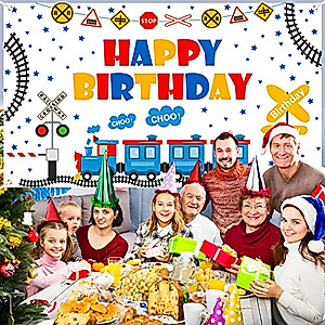 Train Theme Happy Birthday Banner Backdrop Train Party Decorations for Boy Girl Kid Train Birthday Party Supplies Railroad Train Crossing Themed Party Backdrop Background Decorations 71 x 44 Inch