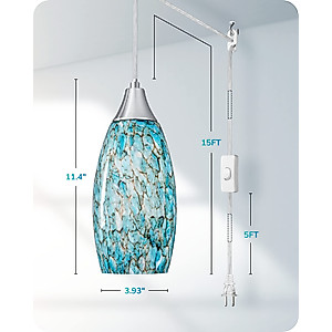 DEWENWILS EDISHINE Plug in Pendant Light, Hanging Light with15FT Adjustable Cord, On/Off Switch, Handcrafted Art Glass Shade, Hanging Light Fixture for Kitchen, Bathroom, Entryway, Light Blue