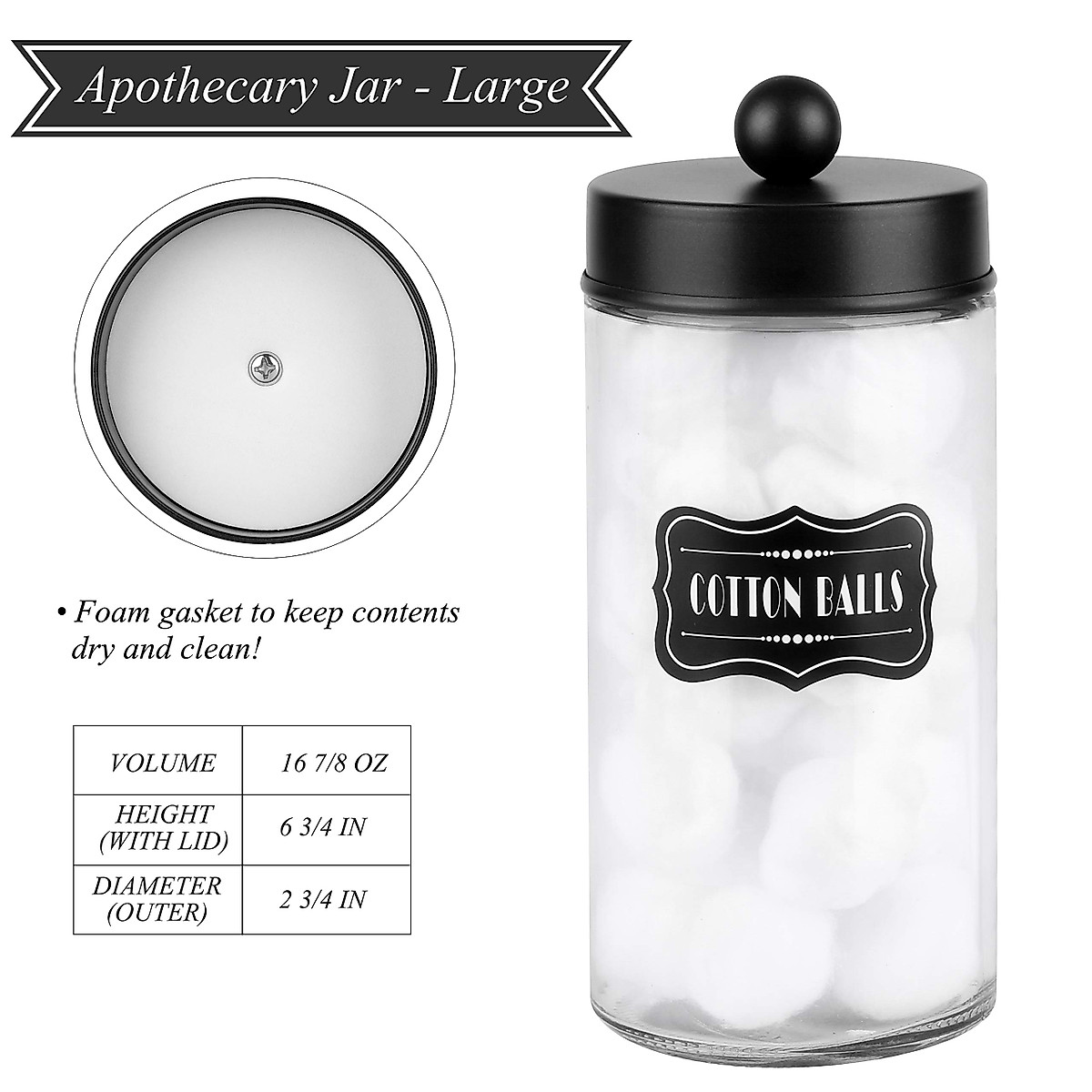 Apothecary Jars 3 Pack - Glass Bathroom Containers with Stainless Steel Lids - Rustic Farmhouse Decor Bathroom Accessories, Vanity Organizer Apothecary Jars for Qtip/Cotton Balls (Matte Black)