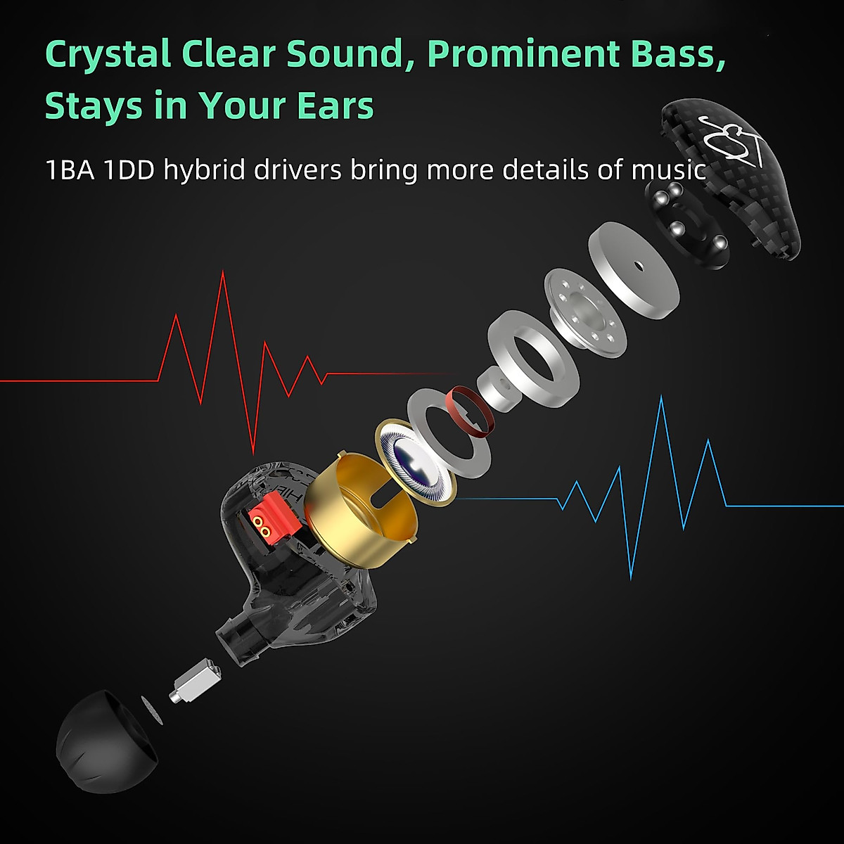 YINYOO KZ ZST Hybrid Banlance Armature with Dynamic in-Ear Earphone 1BA+1DD HiFi Headset in Ear Monitors Headphones Wired Earbuds Gaming Earbuds (ZST mic)