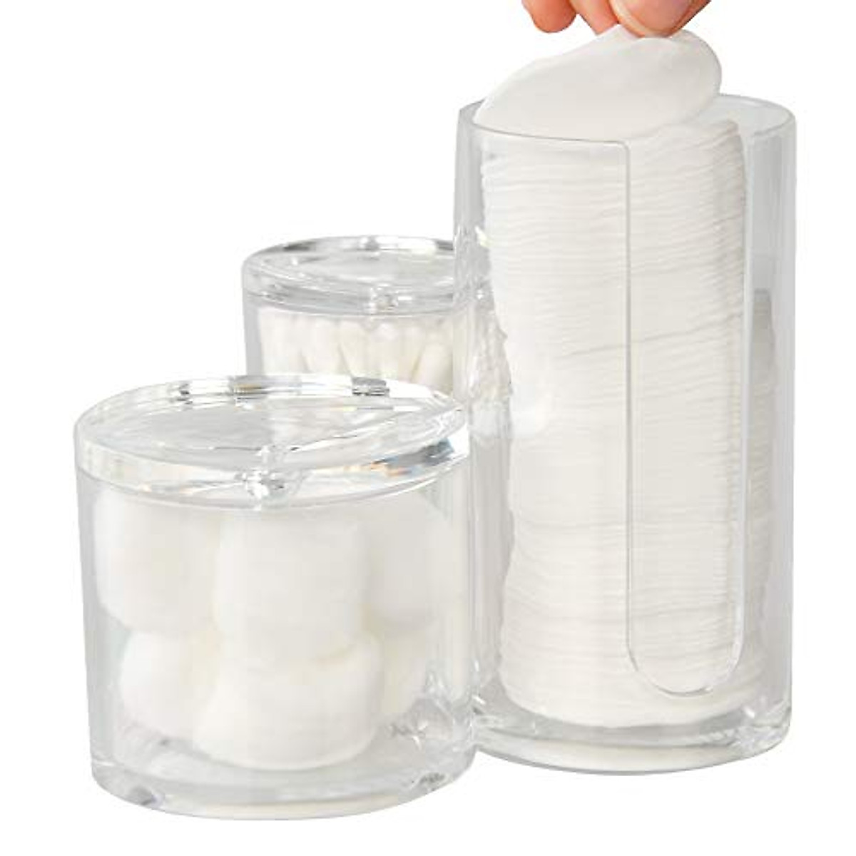 Home-X Bathroom Organizer Jars, 3 in 1 Acrylic Storage Containers with Lids, Vanity Decor, Cotton Rounds and Swabs Organizer, 5 ½” H x 2 ¾” D, 3" H x 3" D, 3 ¾” H x 2 ¼” D