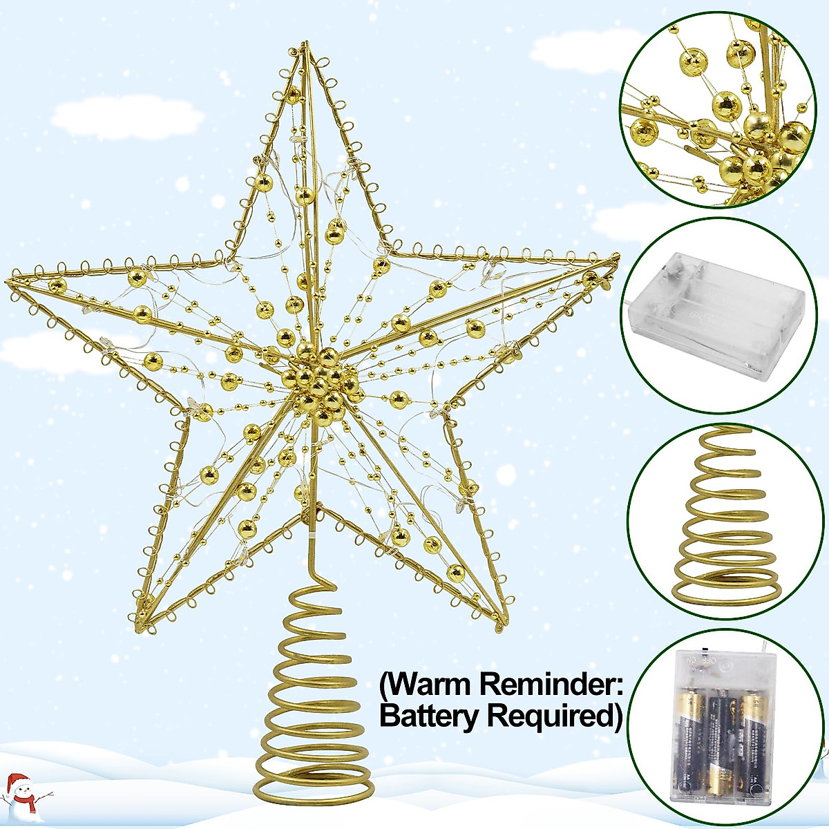 AUMAYCO Gold Christmas Tree Topper Star with Warm White LED Lights and Pearl Beads, 20 LED Lights Star Tree Topper for Christmas Tree Decorations and Xmas Holiday Seasonal Décor, Battery Required