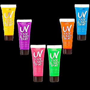 UV Body Paint 10ml - 6 Pack - Glow Paint, Glow in the Dark Body Paint for Adults, Uv Paint, Neon Glow in the Dark Face Paint, Black Light Paint, Neon Face Paint, Neon Body Paint by Splashes & Spills