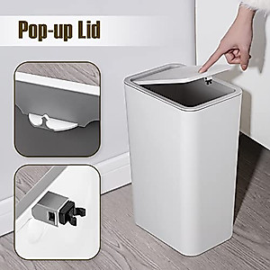 TrashAid Bathroom Trash Can with Lid,2.6 Gallon / 10 Liter Small Garbage Can with Press Top Lid,Plastic Wastebasket with Pop-up Lid for Toilet,Office,Bedroom,Living Room,Grey (AMZUSIJS01GRY040012)