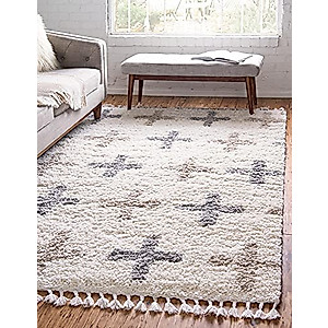 Unique Loom Hygge Shag Collection Modern Moroccan Inspired, Geometric Design, Plush & Cozy Area Rug, 2' 2" x 3' 0", Ivory/Tan
