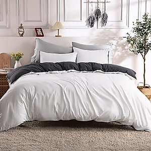 White Duvet Cover King Size, Ultra Soft Double Brushed Microfiber Duvet Cover Set 3 Pieces with Zipper Closure, Reversible Duvet Cover for All Season, White/Charcoal Grey, 104x90 Inches