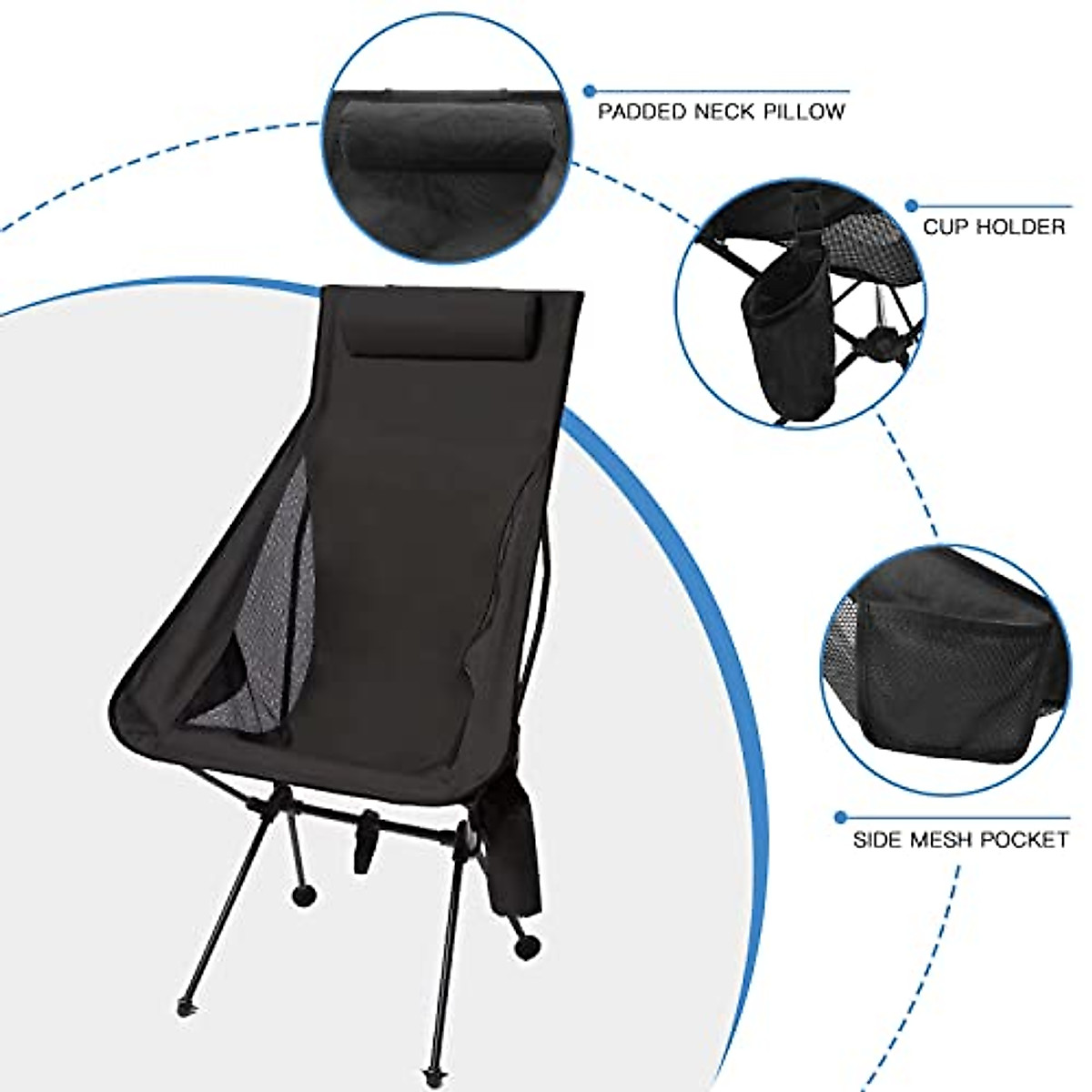 Lyweem Folding Camping Chair for Adults Lightweight Beach and Picnic Chair - Portable High-Backrest and Aircraft-Grade Aluminum with Side Pocket - Perfect for Outdoor Activities 330LBS Support, Black