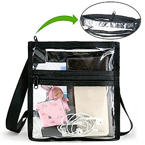 BeeGreen Black Clear Bag Stadium Approved Small Clear Purse with Extra Pocket for Women & Men,Clear Crossbody Purse for Concert, Sporting Events,Clear Messenger Bag w Long Strap for College Gift