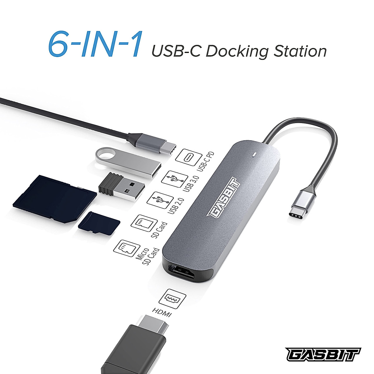 USB C Hub 6 in 1 for MacBook Pro/Air Ipad HP Dell XPS and More Type C Device; 4K HDMI; SD and MicroSD Card Reader 1 x USB 2.0; 1 x USB 3.0 and 1 x USB-C Power Delivery
