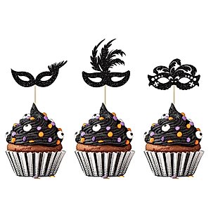 Gyufise 24Pcs Masquerade Masks Cupcake Toppers Glitter Bachelorette Party Mask Cupcake Food Fruit Picks Masquerade Mardi Gras Party Baby Shower Birthday Party Cake Decorations Black