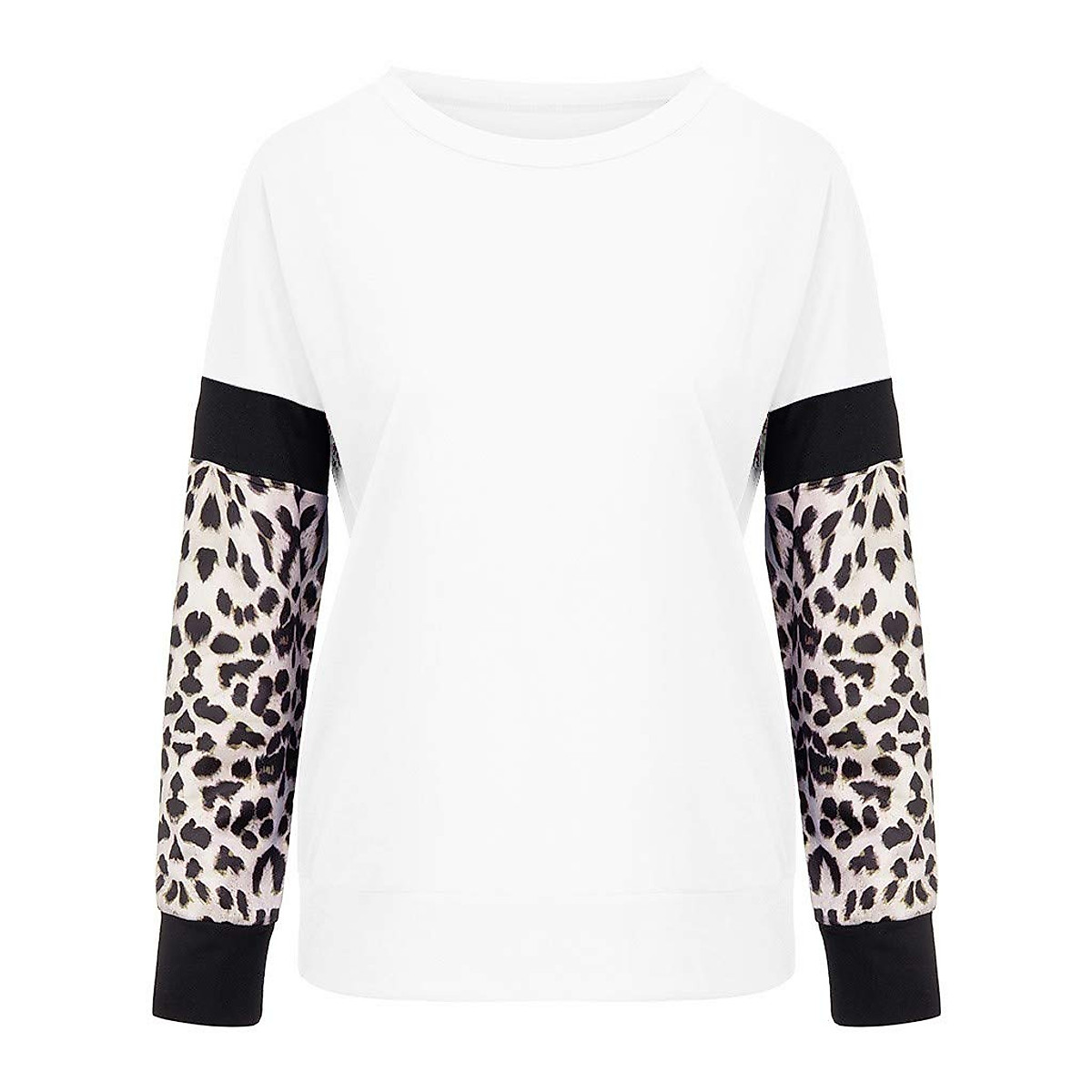 Women's Leopard Blouse Patchwork T-Shirt Autumn Pullover Casual Tunic Long Sleeve Tops (White,M)