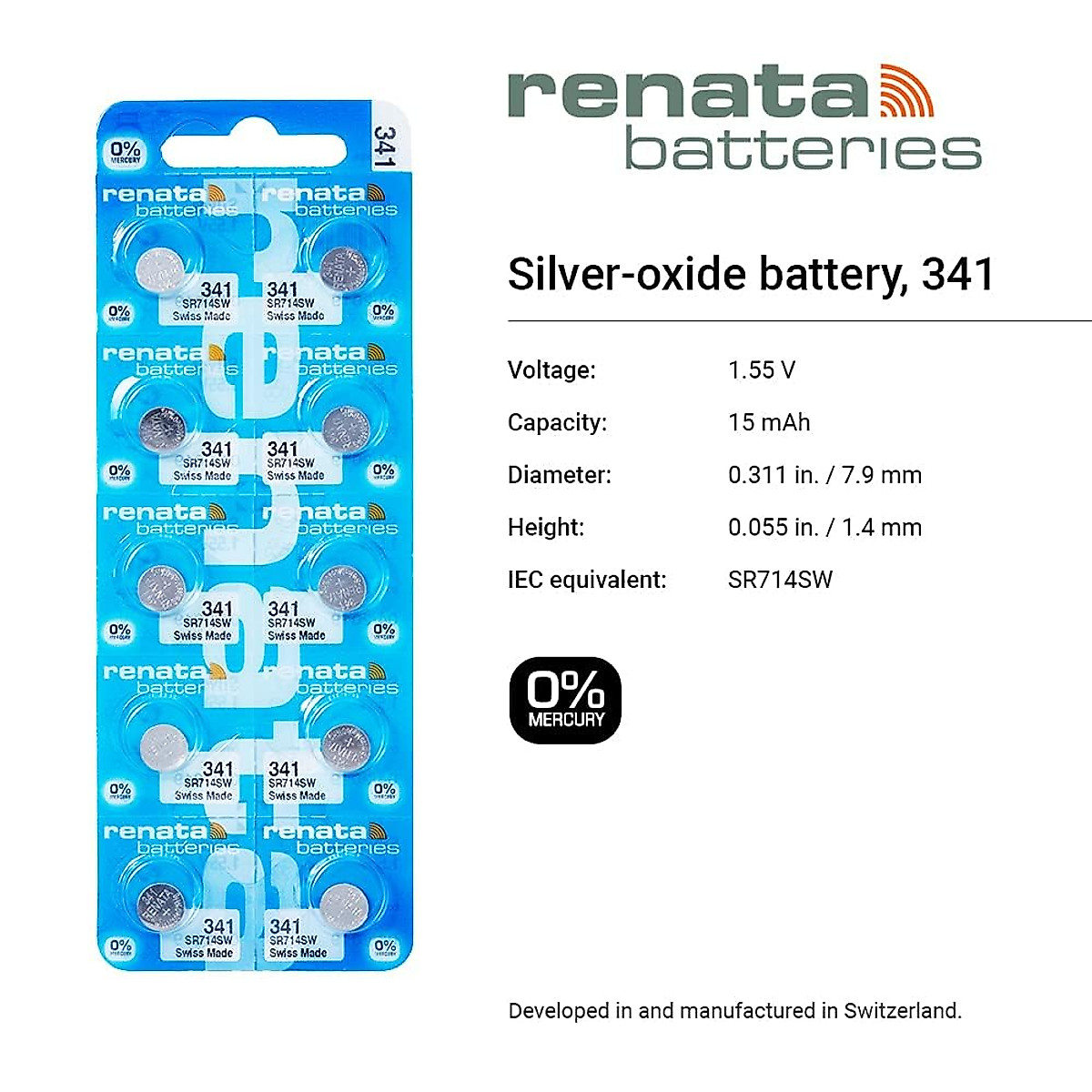 Renata 341 SR714SW Watch Battery - Silver Oxide 1.55V - Strip of 5 Batteries