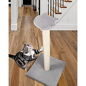 SEIOHW Cat Scratching Post, 32" Scratch Post with Sisal Rope, Tall Cat Scratcher with Bell Mouse Toy & Cat Head Perch, Scratching Post for Indoor Cats (Light Grey)