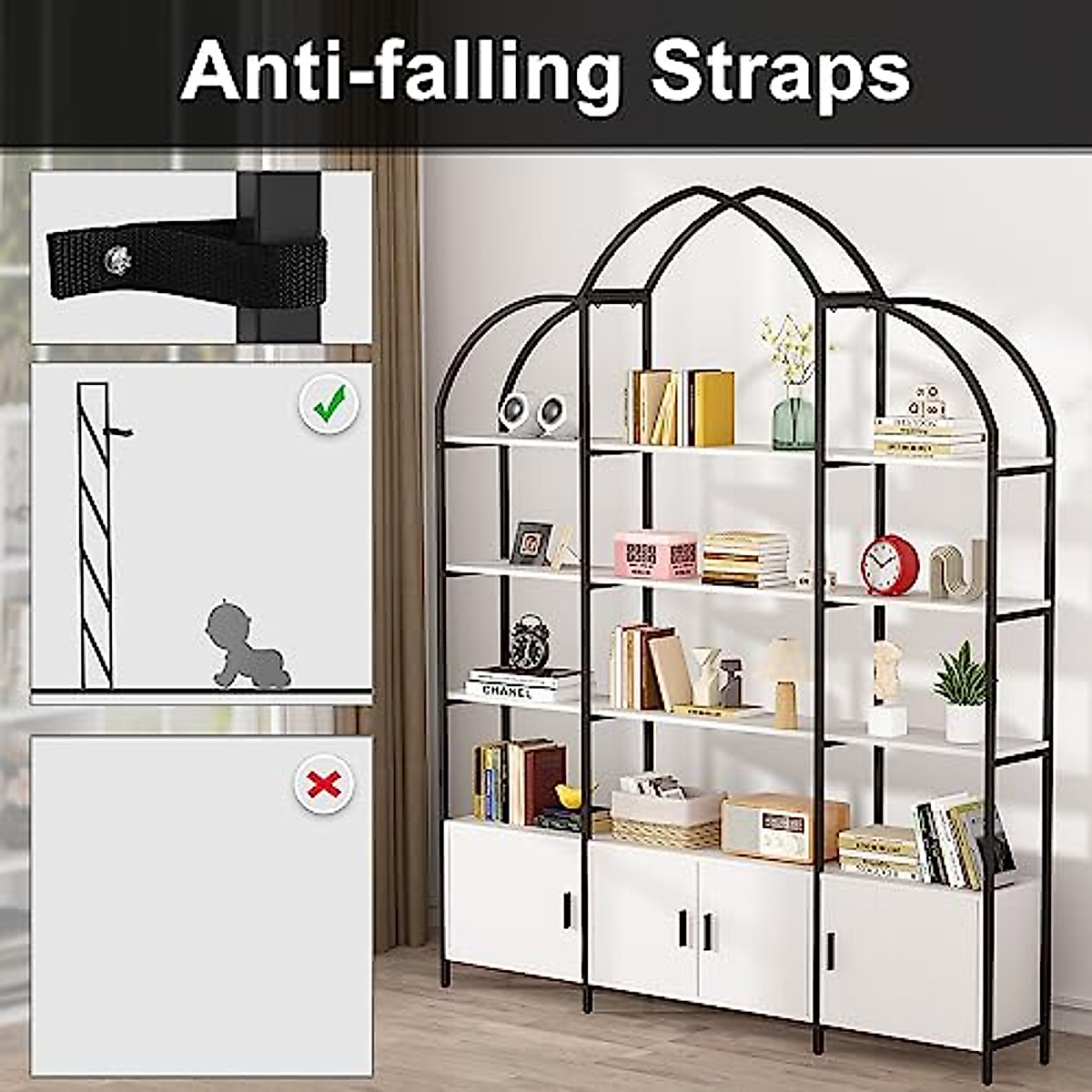 semoic Triple Wide 5-Tier Bookshelf, Extra Arched Bookcase with Storage Cabinet, Modern Etagere Bookcase Tall Open Display Shelf for Home Office