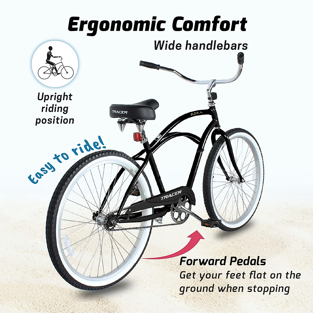 Tracer Bora Lightweight Beach Cruiser Bike for Adult, 26 Inch Wheels, Featuring Steel Step Over or Step Through Hi Ten Steel Frame, 1 Speed, Coaster Brake, Hybrid (Male, Black)