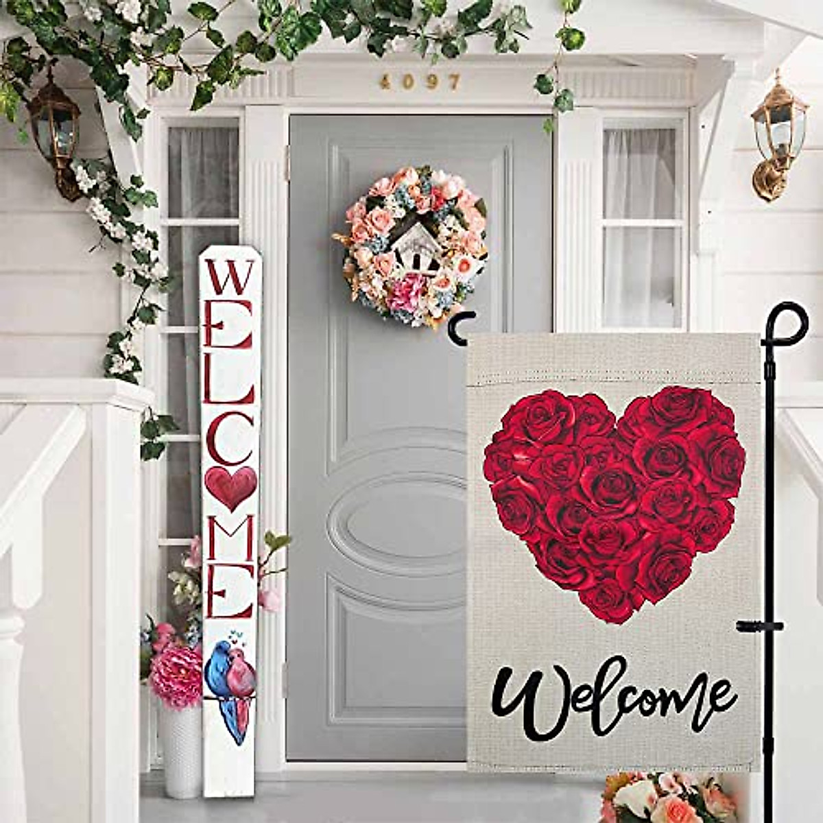 Welcome Valentines Day Garden Flag, hogardeck 12.5x18 Inch Vertical Double Sided Rose Heart Yard Flag, Farmhouse Rustic Outdoor Valentines Day Decor