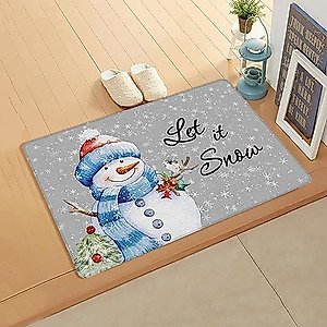 Grey Snowman Antifatigue Kitchen Bath Door Mat Cushioned Runner Rug,Washable Welcome Floor Sink Mat,Waterproof Non-Slip Comfort Standing Doormat,Christmas Winter Snowflake Bird Berry 18"x30"