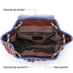 MASIWEI Genuine Leather Patchwork Backpack Purse for Women Multicolor Cute Large Capacity Bookbag with Drawstring Design