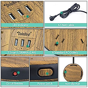 Power Strip Surge Protector 6 AC outlets with 3 USB Ports Charging Station Long Extension Cord Right Angle Flat Plug Widely Spaced Multi Outlets Circuit Breaker Safeguard for Home,Office, Dorm Room