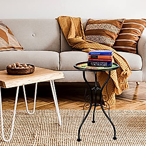 YardsBee Gecko Outdoor Side Table,Mosaic Patio Side Table,12 Inch Accent Round Side Table,Plant Table with Tile Top,Samll Metal Glass End Table for Garden Porch Patio Home