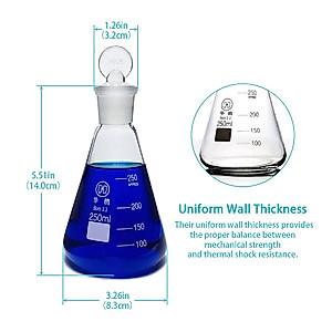HUAOU 3pcs Glass Erlenmeyer Flask Set, 50ml 150ml 250ml Laboratory Flask with Stopper, Lab Chemistry 3.3 Borosilicate, Narrow Mouth, Printed Graduation, Conical Flask with Cleaning Brush