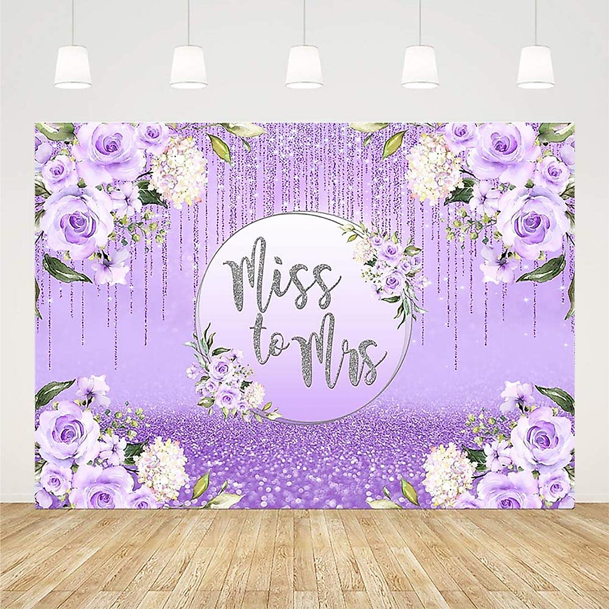 AIBIIN 7x5ft Miss to Mrs Backdrop for Bridal Shower Party Decorations Purple Glitter Floral Wedding Bride to Be Engagement Silver Shiny Bokeh Banner Photography Background Cake Table Photo Shoot Props