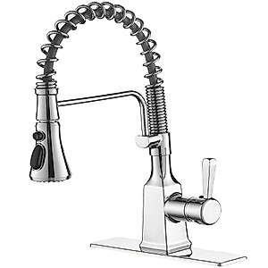 BWE Kitchen Faucet with Pull Down Sprayer, Brushed Nickel, High Arc Single Handle, One Hole, Spring, Commercial RV 3 Functions, Brass Gooseneck with Deck Plate, Fregaderos de Cocina