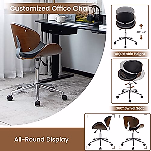 Giantex Mid-Century Home Desk Chair, Faux Leather Armless Office Chair w/Curved Bentwood Seat & Height Adjustable,Ergonomic Modern Rolling Swivel Computer Chair Study Room Office Bedroom,Black