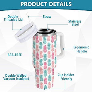 IHCVHQX Tumbler With Handle and Straw 40oz Pink Blue Pineapple Print Insulated Tumbler Cups Stainless Steel Travel Coffee Mug
