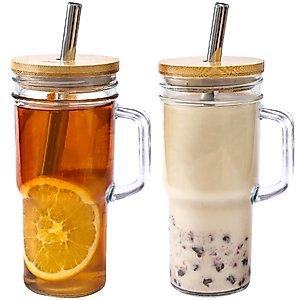24oz Glass Cup with handle - glass cup with bamboo lids and straw 2pack