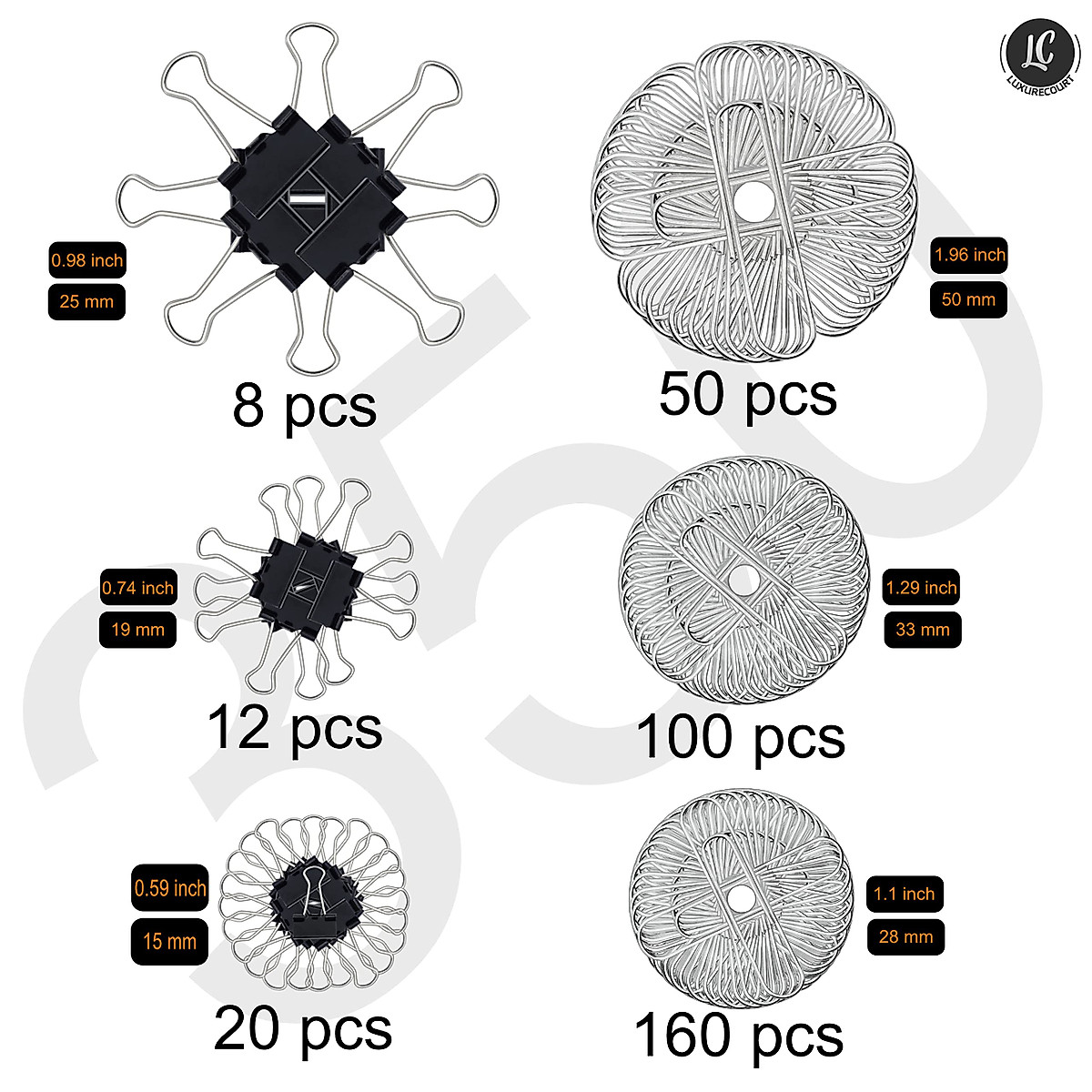 350 Pack Paper Clips and Binder Clips Set by Luxurecourt - Binders & Paperclips Assorted Sizes in Container with Compartments, Silver Paper Clips & Black Binder clips for Home, School, Office Supplies